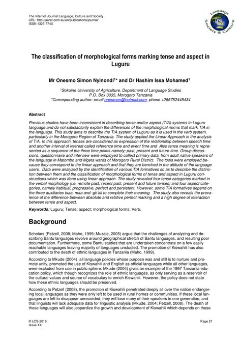 Pdf The Classification Of Morphological Forms Marking Tense And