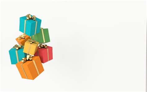 흰색 배경에 황금 리본 활과 사실적인 다채로운 선물 상자의 3d 렌더링 파티 홍보 소셜 미디어 배너 포스터를위한 빈 공간 선물 상자에 대한 스톡 사진 및 기타 이미지