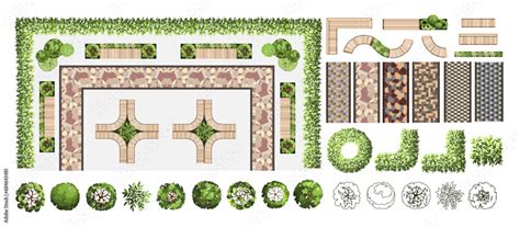 Top View Elements For The Landscape Design Plan Trees Tiles And