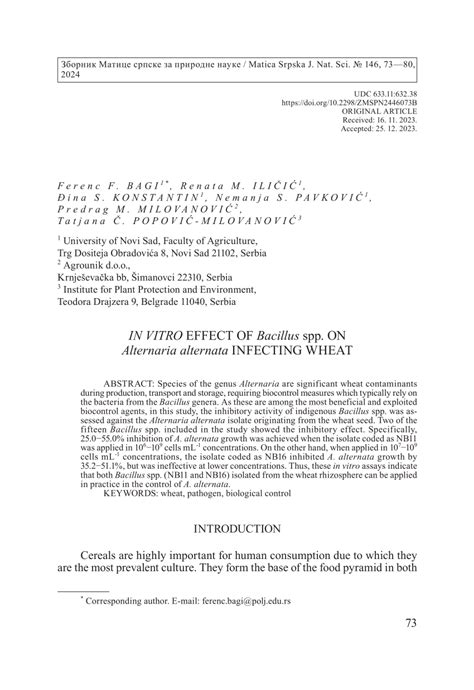 Pdf In Vitro Effect Of Bacillus Spp On Alternaria Alternata Infecting Wheat