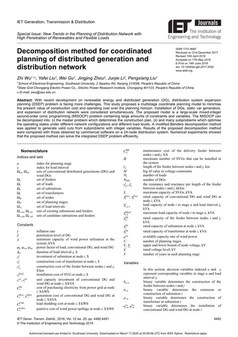 Pdf A Decomposition Method For Coordinated Planning Of Distributed Generation And Distribution