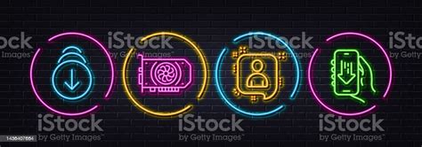 아래로 스크롤하면 개발자 채팅 및 Gpu 최소 라인 아이콘이 표시됩니다 웹 응용 프로그램의 경우 인쇄 네온 레이저 3d 조명 벡터 3차원 형태에 대한 스톡 벡터 아트 및