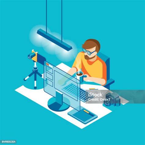 앉아 사진 작가 고 작업 문자 카메라 컴퓨터 테이블 및 다양 한 장치 벡터 분해 그림입니다 3차원 형태에 대한 스톡 벡터 아트 및 기타 이미지 Istock