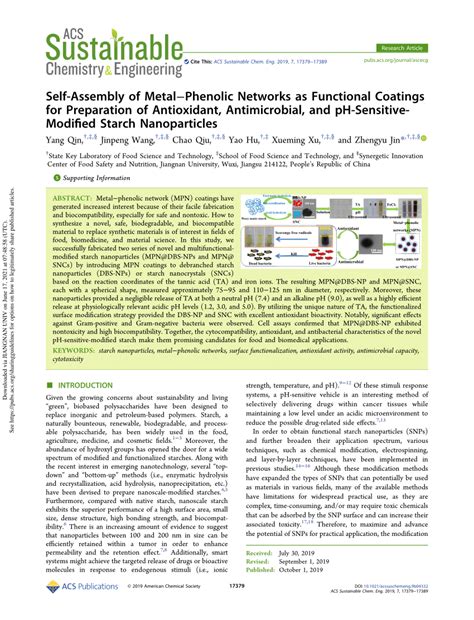 Pdf Self Assembly Of Metal−phenolic Networks As Functional Coatings