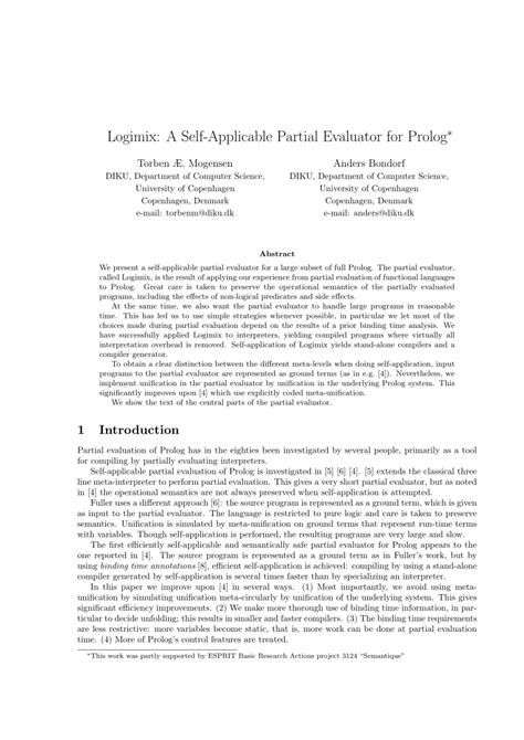 Pdf Logimix A Self Applicable Partial Evaluator For Prolog