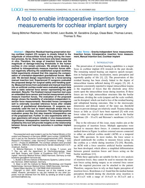 Pdf A Tool To Enable Intraoperative Insertion Force Measurements For Cochlear Implant Surgery