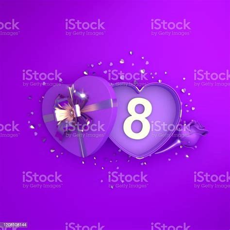 해피 국제 여성의 날 창조적 인 인사말 카드 레이아웃 템플릿 배너 3 월 8 일 하트 모양 선물 상자 보라색 보라색 배경에 장미 꽃과 색종이 반짝이 3d 일러스트레이션 3