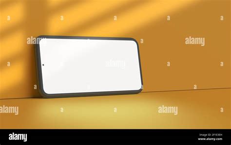 Horizontal Wide Screen Smartphone Mockup On A Yellow Background And Copy Space In 3d Rendering
