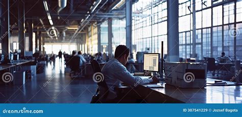 Diligent Coder Programmer Office Worker Employee In A Huge Office Workplace Room With Large