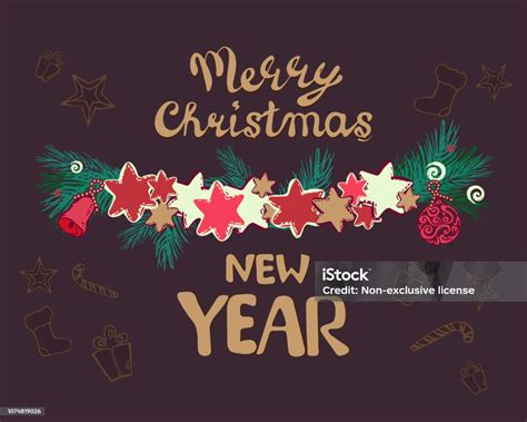 휴가 시즌 소원과 테두리의 크리스마스 트리 분기 장식 선물 스타 종소리와 배경 벡터 일러스트입니다 배너 템플릿 인사말 카드 레터링 손 그리기 3차원 형태에 대한 스톡 벡터