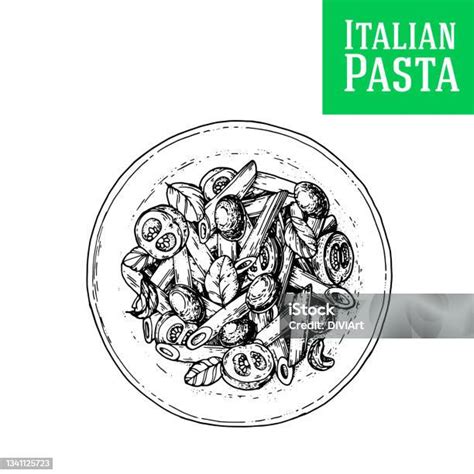 펜네 파스타 접시 벡터 일러스트레이션 이탈리아 요리 파스타 접시 손으로 그린 스케치 그림입니다 이탈리아 음식 맨 위 보기입니다