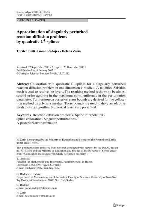 Pdf Approximation Of Singularly Perturbed Reaction Diffusion Problems By Quadratic C 1 Splines