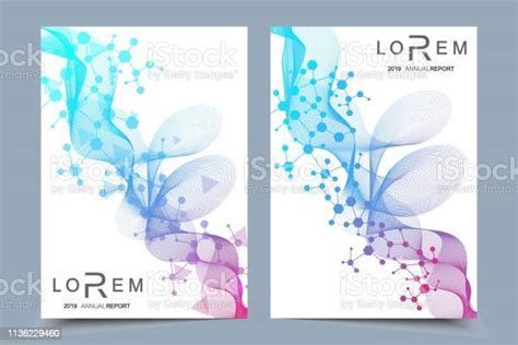 과학 브로셔 디자인 서식 파일입니다 벡터 플라이어 레이아웃 연결 된 라인과 점을 가진 분자 구조 잡지 전단지 표지 포스터 디자인에 대 한 요소와 과학적인 패턴 원자 Dna