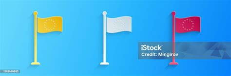 파란색 배경에 격리 된 유럽 연합 아이콘의 종이 컷 플래그 Eu 원 기호입니다 금속 기둥에 Eu 국기를 흔들고 종이 아트 스타일 벡터 개념에 대한 스톡 벡터 아트 및 기타