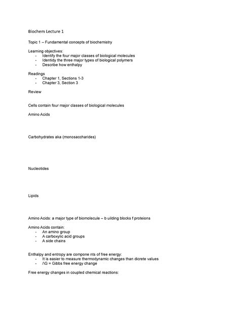 Biochem Lecture 1 Notes Biochem Lecture 1 Topic 1 Fundamental