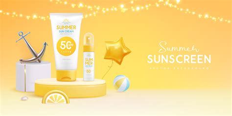 3d 연단과 레몬 또는 오렌지 조각이 있는 자외선 차단제 튜브가 있는 여름 배경 화려한 여름 풍경입니다 벡터 그림 과일에 대한 스톡 벡터 아트 및 기타 이미지 Istock