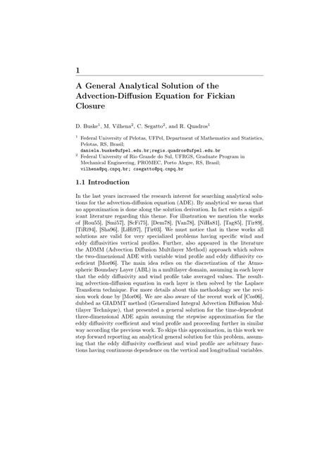 Pdf A General Analytical Solution Of The Advectiondiffusion Equation