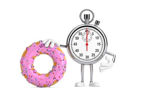 현대 스톱워치 만화 사람 캐릭터 마스코트와 큰 딸기 핑크 유약 도넛 3d 렌더링 3차원 형태에 대한 스톡 사진 및 기타 이미지 3차원 형태 건강하지 못한 생활방식