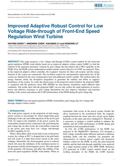 Pdf Improved Adaptive Robust Control For Low Voltage Ride Through Of