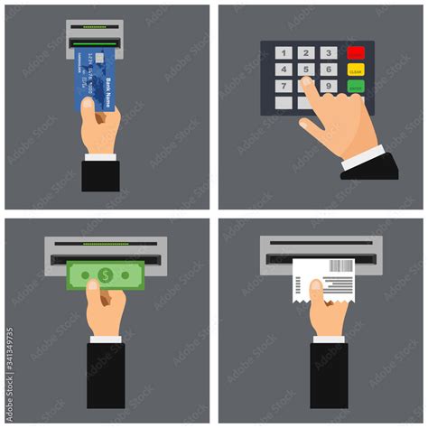 Flat Design Of Atm Terminal Usage Concept Step By Step Instructions For Using Atm Hand Pushing