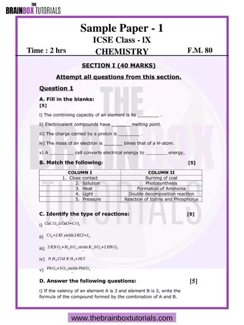 Icse Class 9 Chemistry Sample Paper For 2020 2021 The Brainbox Tutorials