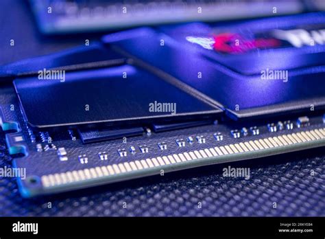 Ddr4 Dram Memory Module Macro In Purple Light Computer Ram Chipset Close Up Desktop Pc