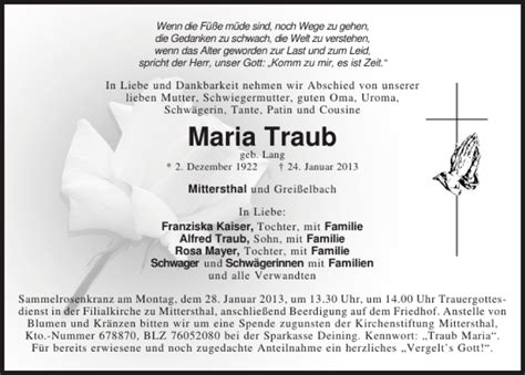 Traueranzeigen Von Maria Traub Mittelbayerische Trauer