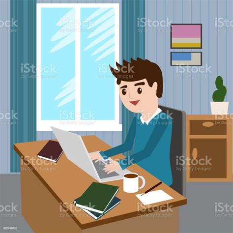 사무실에서 노트북에 노력 하 고 책상에 앉아 캐주얼 티셔츠에 잘생긴 남자의 평면 디자인 현대 벡터 일러스트 레이 션 라이프 스타일 개념 세련 된 배경색에 고립 벡터 검색에