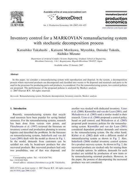 Pdf Inventory Control For A Markovian Remanufacturing System With