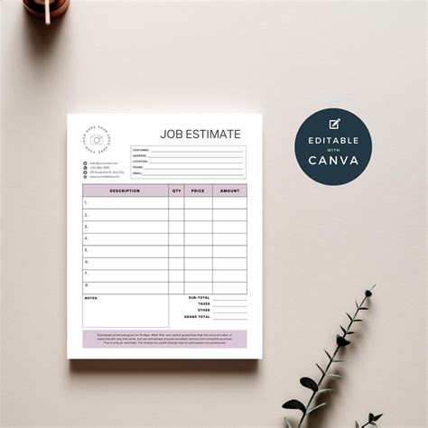 Job Estimate Template Pink Professional Simple Work Bid Etsy