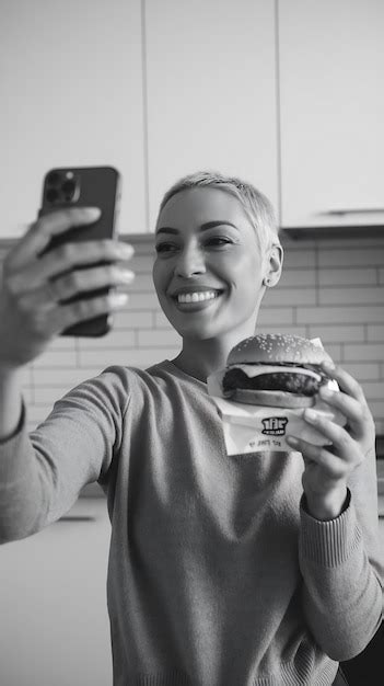 Smiling Short Hair Woman Taking Selfie With Burger Through Smart Phone