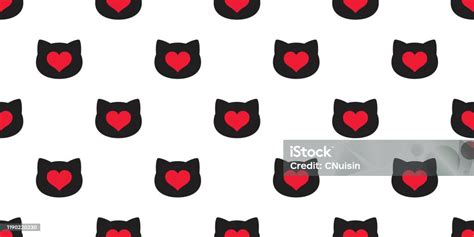 고양이 원활한 패턴 발렌타인 하트 새끼 고양이 벡터 스카프 고립 반복 배경 타일 벽지 머리 만화 낙서 일러스트 디자인 검은색에 대한 스톡 벡터 아트 및 기타 이미지 Istock