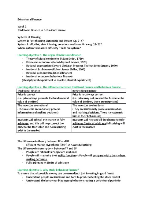 Behavioural Finance Notes Behavioural Finance Week 1 Traditional Finance Vs Behaviour Finance