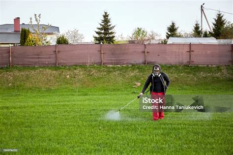 보호복을 입고 잔디밭에 살충제를 뿌린 농부들 적절한 보호와 살충제 분무기 잡초와 민들레에서 풀의 치료 공간을 복사합니다 원예