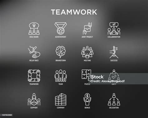 팀워크 얇은 라인 아이콘 세트 릴레이 경주 브레인 스토밍 성공 회의 아이디어 공유 공동 프로젝트 공동 프로젝트 단결 지원 위임 보너스 현대 벡터 그림입니다 선 아이콘에 대한