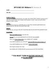 201 2019 Midterm 1 Pdf SP19 BIO 201 Midterm 1 Version A NAME SBU ID PAGES POINTS There