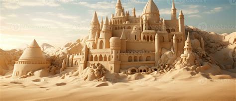 Ai Generated Magnificent Sand Castle On Golden Sand With Intricate