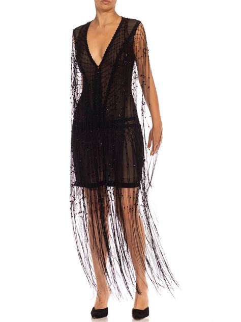 1990s Plein Sud Black Silk Chiffon Beaded Fringe And Passementarie Trim