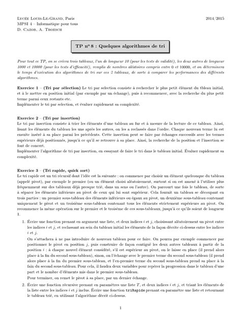 tp no 8 quelques algorithmes de tri pdf