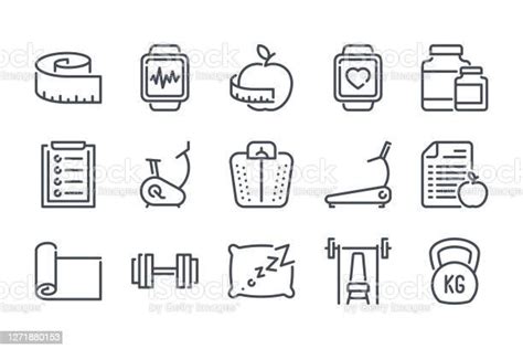 피트니스 관련 라인 아이콘 세트입니다 체육관은 선형 아이콘을 연습합니다 스포츠 및 트레이닝 개요 벡터 표지판 및 기호 컬렉션 건강한 생활방식에 대한 스톡 벡터 아트 및 기타