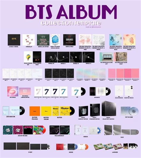 The Bts Album Collection Is Shown In Purple And Black With Various