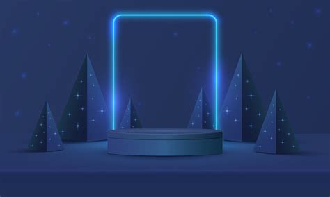 추상적인 사실적인 3d 정사각형 받침대 연단 정사각형 네온 조명 배경 핑크 블루 피라미드 크리스마스 트리 최소한의 벽 장면 모형