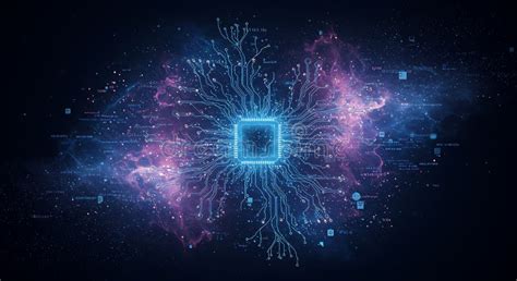 Central Square Microchip In Neon Blue Connected By Intricate Circuit Lines Stock Illustration