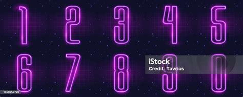 빛나는 네온 튜브 글꼴 레트로 텍스트 효과 0에서 9까지의 숫자입니다 생생한 네온 불빛 Synthwave 와이어프레임 네트 그림입니다 추상 숫자 글꼴입니다 80년대 90년대