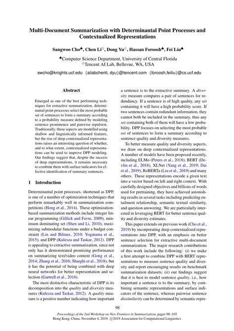 Pdf Multi Document Summarization With Determinantal Point Processes And Contextualized