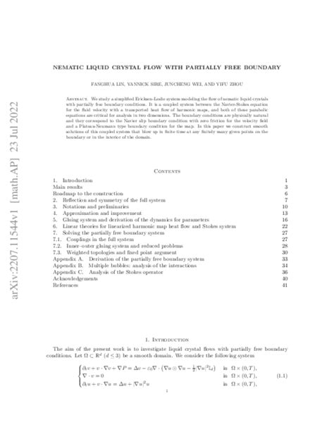 Pdf Nematic Liquid Crystal Flow With Partially Free Boundary