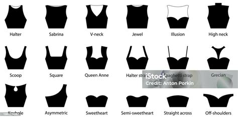 여성 드레스의 네크 라인 유형 끈없는 데콜테 홀터 연인 앤 여왕 V 넥 오프 숄더 넥 라인 패션 블라우스 셔츠 실루엣 픽토그램 세트 격리된 벡터 일러스트레이션 드레스에 대한