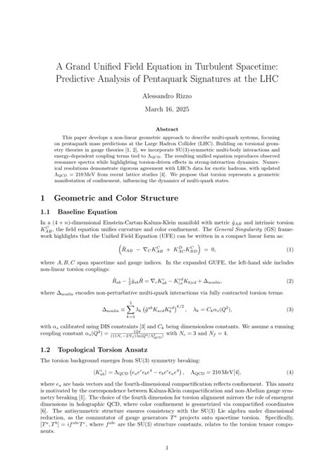 Pdf A Grand Unified Field Equation In Turbulent Spacetime Predictive Analysis Of Pentaquark