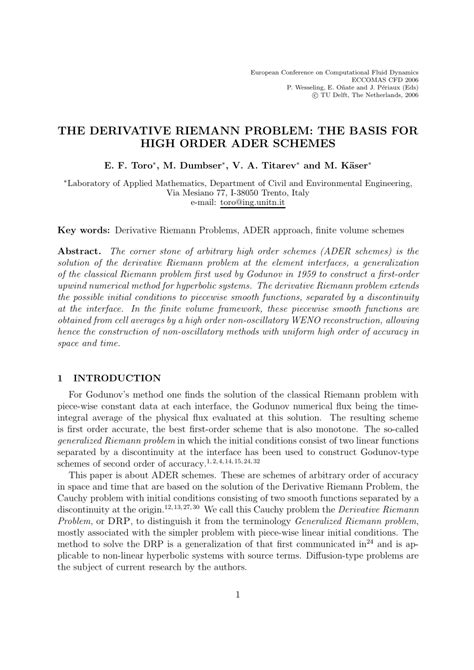 Pdf The Derivative Riemann Problem The Basis For High Order Ader Schemes