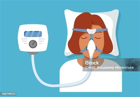 지속적인 기도 양압 폐쇄성 수면 무호흡증 침대에 누워 있는 남자 Cpap 마스크 병원 Cpap 치료를 받는 환자 수면중무호흡증에 대한 스톡 벡터 아트 및 기타 이미지